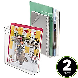 mDesign Plastic Slim Vertical File Folder Bin Storage Organizer with Handle - Hold Notebooks, Binders, Envelopes, Magazines for Home Office, Work Desktops, Ligne Collection, 2 Pack - Clear