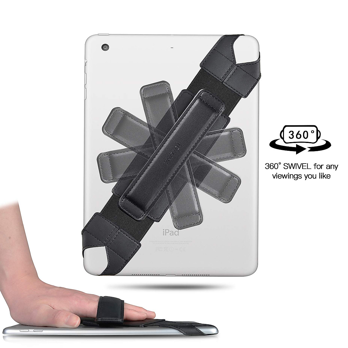 Joylink iPad Hand Holder Strap with Pen Loop and 360°Swivel Leather Handle Grip Elastic Belt for 10.1" Tablets (iPad Air Pro Samsung Nexus), Black Upgrade Version