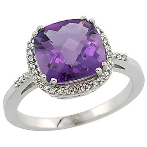 Sterling Silver Diamond Natural Amethyst Ring Cushion-cut 9x9mm, 1/2 inch wide, size 5