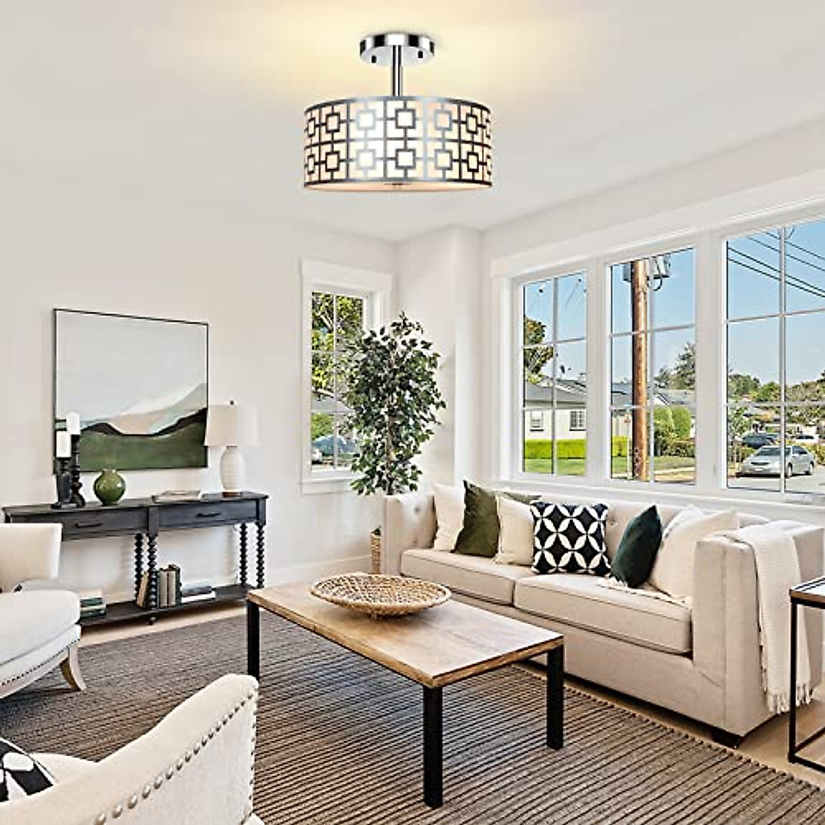 DLLT Semi Flush Mount Ceiling Light, 3-Light Modern Entry Light Fixture Ceiling Hanging with Drum Shade for Bedroom, Dining Room, Kitchen, Hallway, Entry, Living Room, Brushed Chrome Finish