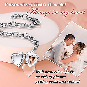 FindChic Customized Heart Locket Bracelet for Women with Picture Women Stainless Steel Mother Bracelets Adjustable Photo Printing Chunky Cable Chain Bracelet Best Friends Jewelry