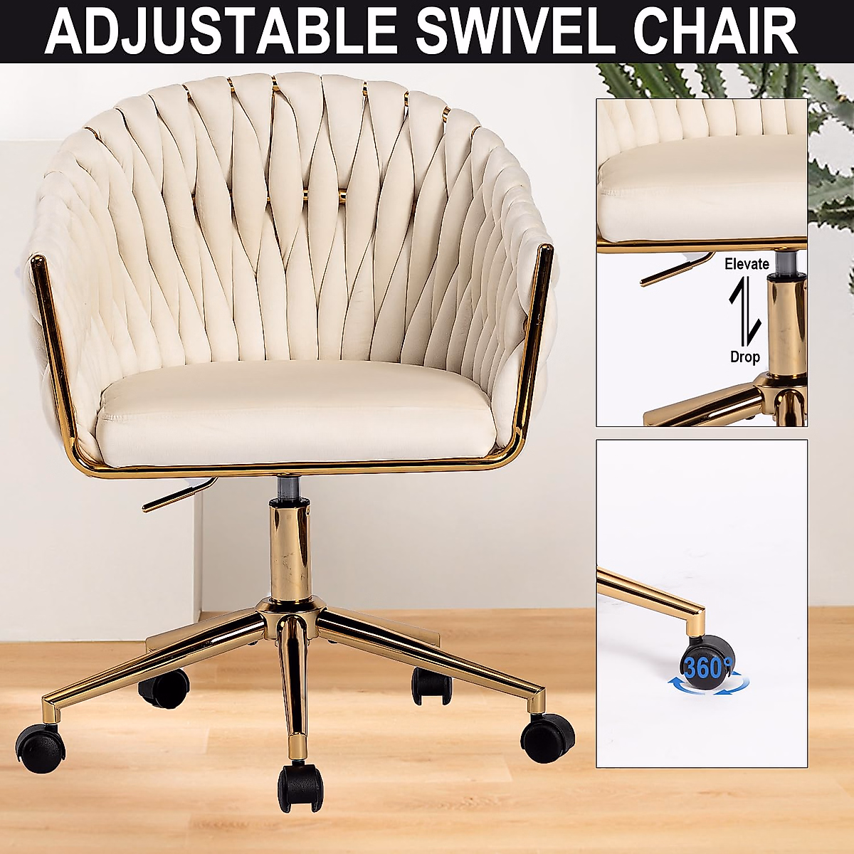 linting Velvet Office Desk Chairs Vanity Chairs with Gold Base Height Adjustable Mid Back Makeup Chairs with Wheels for Women, Hand-Woven Accent Chairs Armchair, Beige