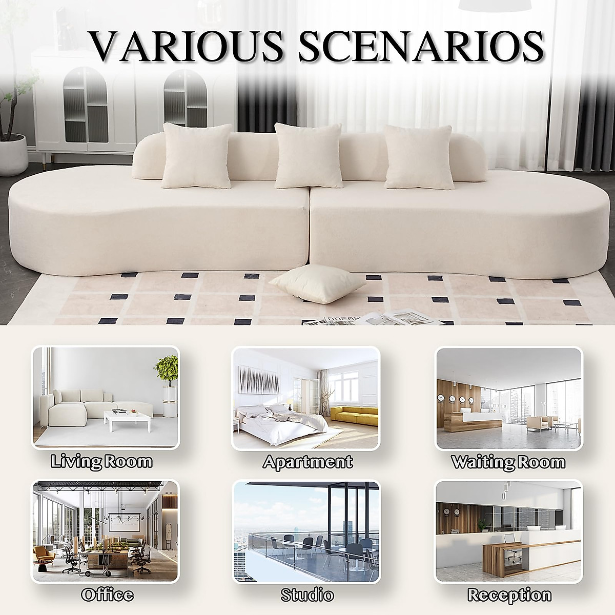 LuxyHoom 130.5'' Sectional Sofa Couch, Modern Cloud Sofa with 3 Pillows, Comfy 4 Seat Modular Sofa, Minimalist Curved Terrycloth Sofa for Living Room, Apartment, Hotel, No Assembly Required, Beige