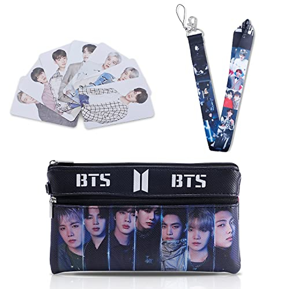 G-Ahora Kpop Bangtan Boys Leather Wallet Bangtan Boys Purse Credit Card Holder with Bangtan Boys Lanyard Kpop Bangtan Boys Postcards for Army Gifts(WC Bangtan Boys)