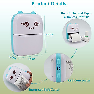 Vicbear Mini Pocket Printer, Portable Thermal Printer with 8 Rolls Printing Paper, Bluetooth Wireless Tiny Printer for Photos/Stickers/Labels/Notes/Receipts, Compatible with iOS and Android, Blue