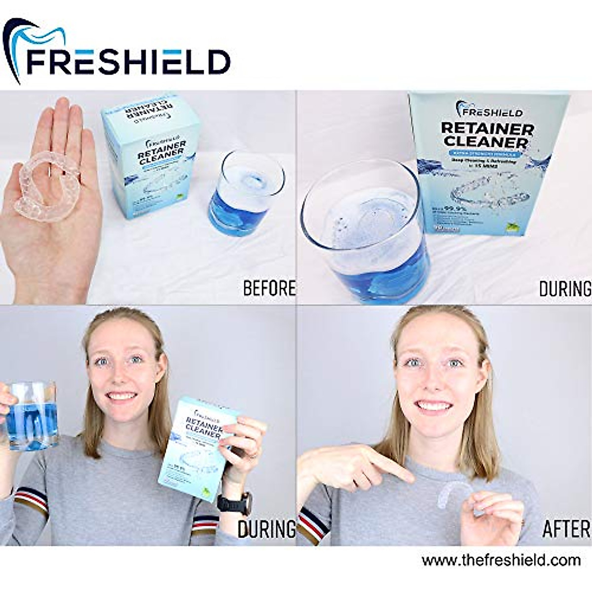 FRESHIELD Retainer & Denture Cleaner Tablets - Remove Stain Plaque Bad Odor, Compatible with Invisalign, Dentures, Retainers, Mouth Guards, Braces, Teeth Straighteners, Night Guards, Dental Appliances