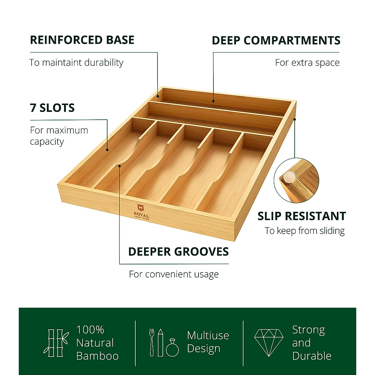 ROYAL CRAFT WOOD Luxury Bamboo Kitchen Drawer Organizer - Silverware Organizer and Cutlery Tray with Grooved Drawer Dividers for Flatware and Kitchen Utensils (7 Slot, Natural)