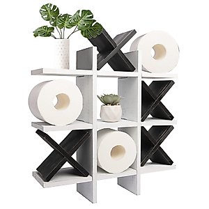 GENMOUS Handmade Tic Tac Toe Toilet Paper Holder For Black and White Bathroom Decor, Funny Wall Mounted Free Standing Toilet Tissue Paper Storage For Kids Guest Restroom Farmhouse Bathroom Decor White