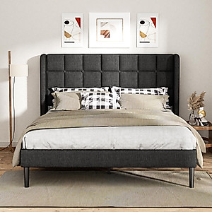 Sismplly Full Size Platform Bed Frame with Upholstered Wingback Headboard, Wooden Slats Support, No Box Spring Needed, Easy Assembly, Dark Grey