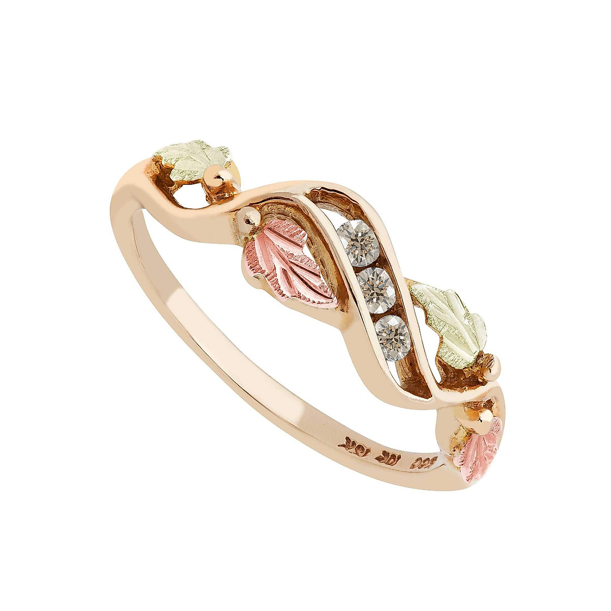 10k Yellow Gold 3-Stone Diamond Ring, 12k Rose and Green Black Hills Gold (.10 Ctw, Top Light Brown) Size 10