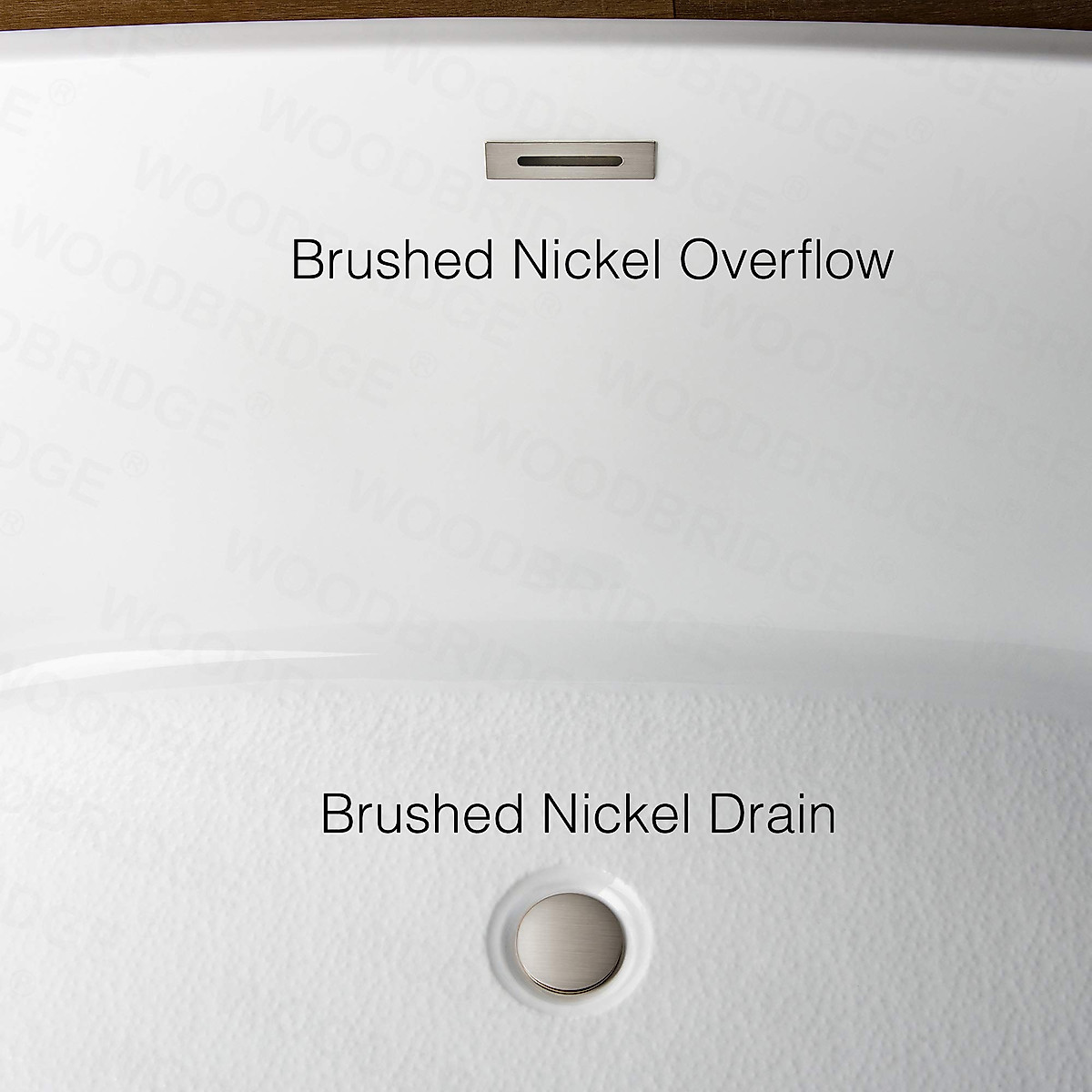 WOODBRIDGE 59" Freestanding Acylic Soaking Bathtub with White, Drain and Overflow inBrushed, BTA1509-B/N-Drain &O + Pillow, with Brushed Nickel Drian