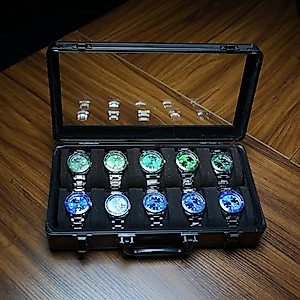 RIGICASE 10 slots Aluminum watch case for men, Luxury watch display storage organizer box with clear window, matt black metal watch cabinet fit watches up to 55mm face