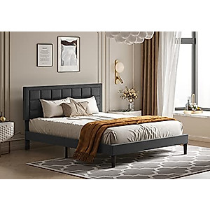 Nazhura Queen Size Bed Frame Upholstered Modern Low Profile Platform with Tufted Headboard/No Box Spring Needed/Linen Fabric Upholstery/Charcoal Grey