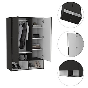 Bamboo Armoire with Double Door Cabinets, 6 Inner Shelves, 2 Open Shelves, and Hanging Rod, Black/White