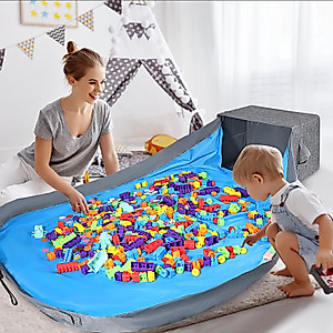 Voova Toy Storage Organizer and Play Mat- 2-in-1 Toy Storage Chest Bin for Kids, Stackable and Foldable Cube Toy Basket Box for Boys & Girls, Large Building Blocks Storage Holder for Playroom,Grey