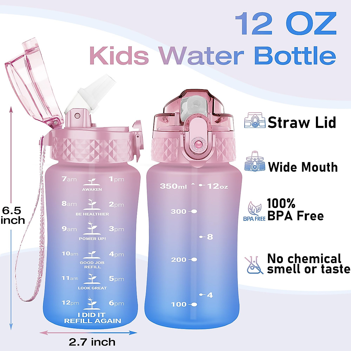 OLDLEY Kids Water Bottle for School, 12 oz (Straw Lid) BPA-Free Reusable Leak-proof Durable Tritan Plastic Water Bottles with One-handed Opening Straw Lids, Anti-dust Spout Cover (Pink-Blue)