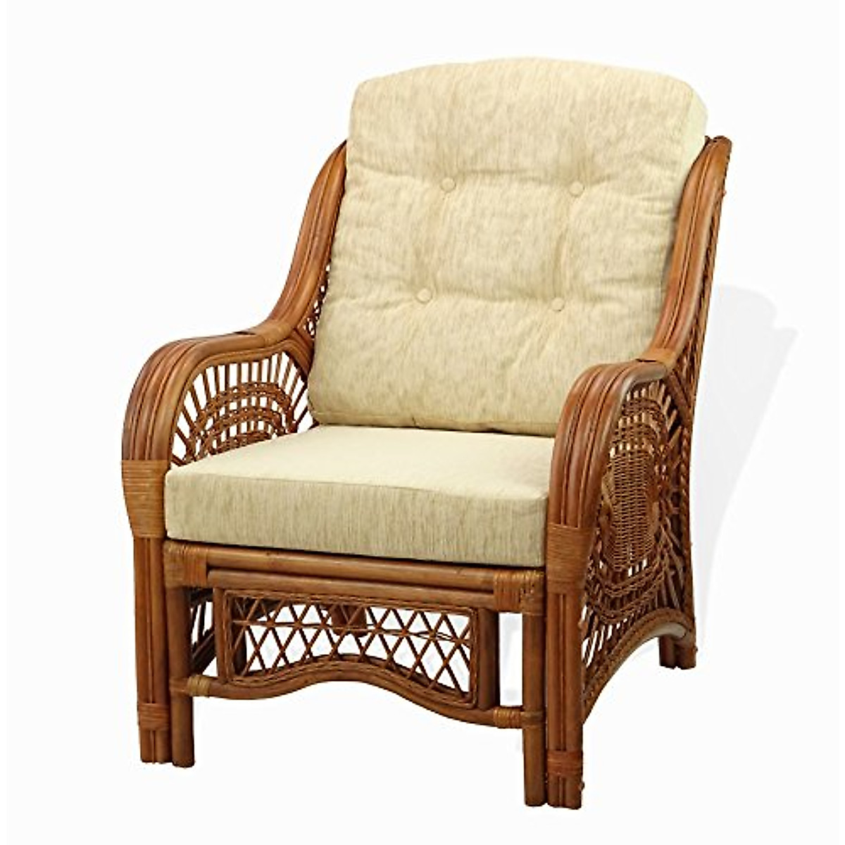 Malibu Lounge Living Accent Armchair Natural Rattan Wicker Handmade Design with Cream Cushion, Colonial