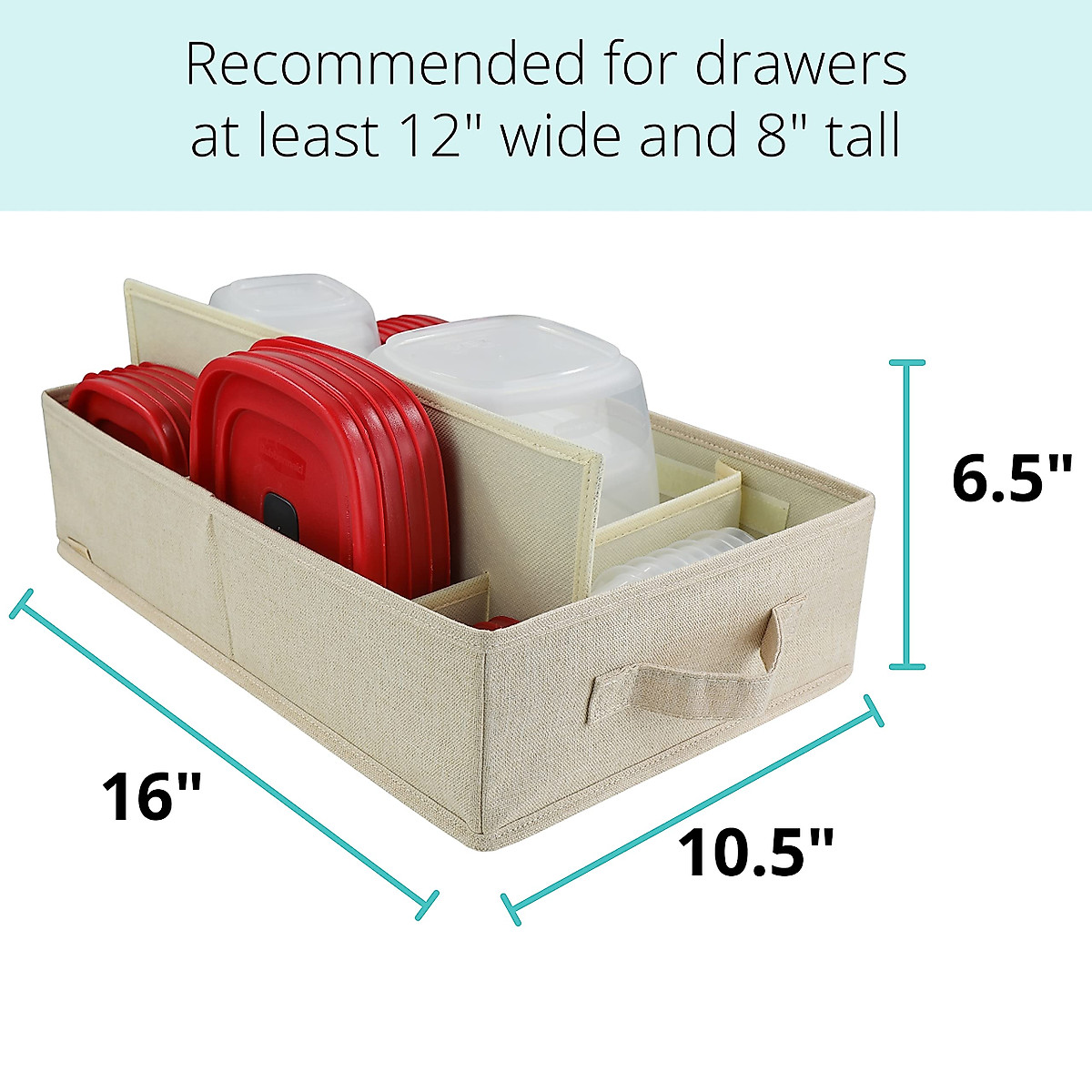 HappiBox Food Storage Container Organizer Box – Kitchen Drawer Organizer Compatible with Tupperware, Rubbermaid, Glad Containers and Lids – Adjustable Foldable Cloth Box