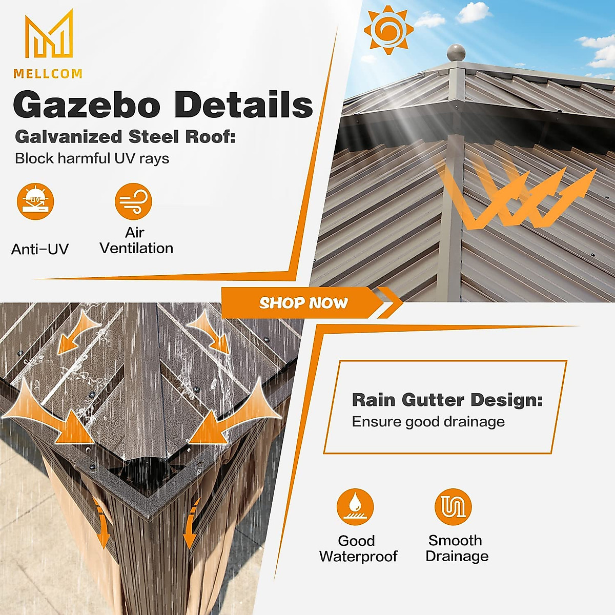 MELLCOM 14'x20' Galvanized Steel Hardtop Gazebo, Aluminum Frame Metal Outdoor Gazebo with Double Roof and Netting and Curtains for Patio Lawn Garden Brown