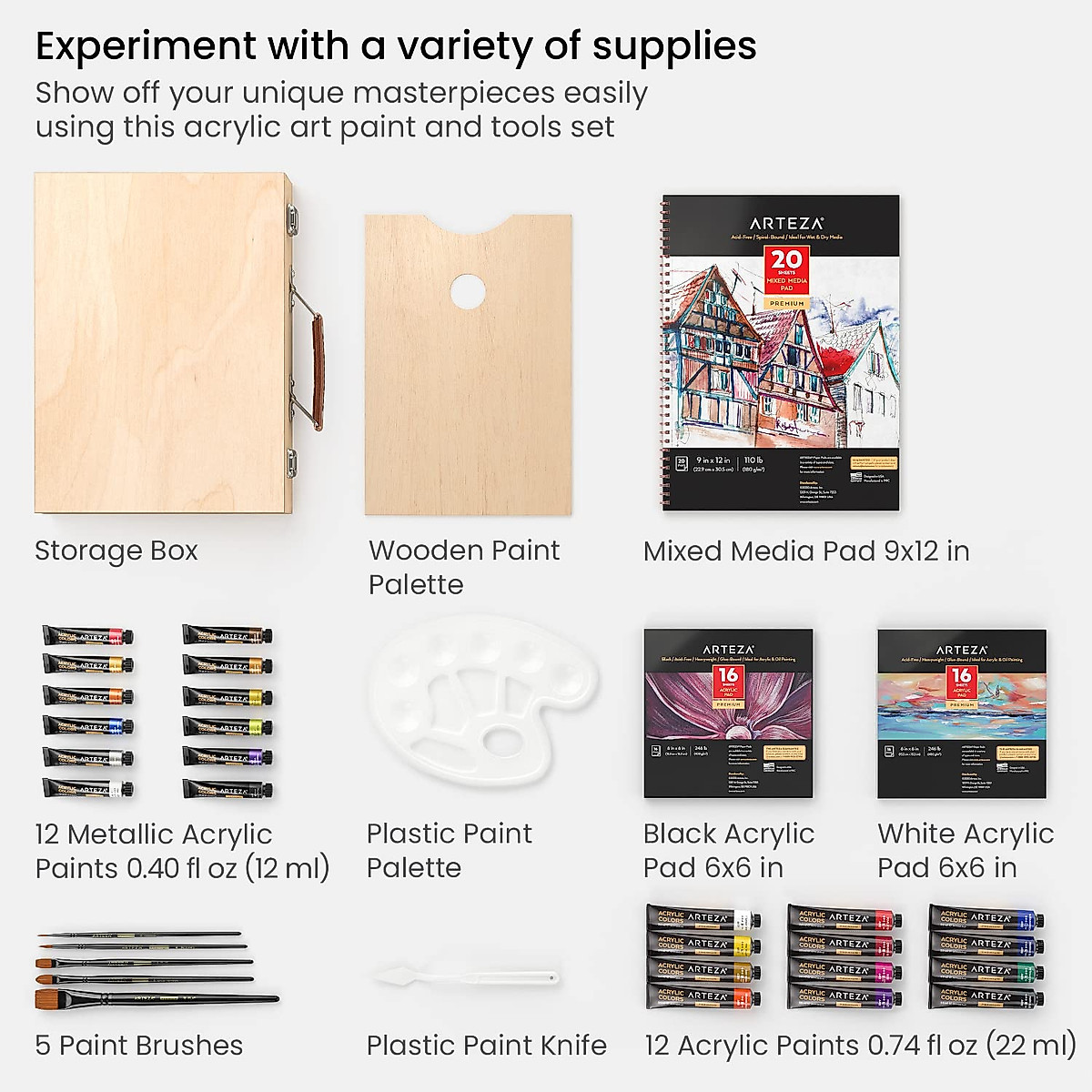 ARTEZA Acrylic Paint Set, 35-Piece Art Set, Includes 24 Acrylic Paints, 5 Brushes, 1 Paint Palette, 1 Paint Knife, 3 Painting Pads, and Storage Case, Art Supplies for Beginners and Aspiring Painters