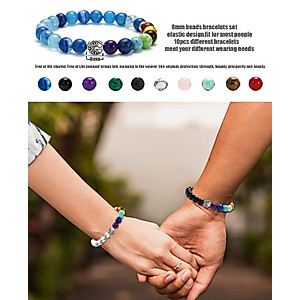 BOMAIL 10Pcs Tree of Life Healing Crystals Bracelet - 7 Chakra Semi Precious Stones Beaded Bracelets Yoga Stress Relief Reiki Stretch Bracelets for Women Men