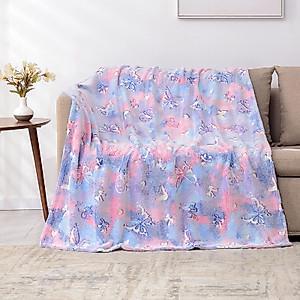 Yaning Glow in The Dark Butterfly Blanket, Soft Cozy Cute Fluffy Luminous Blanket for Kids Girls Teens Gift, Purple, 50x60 inches