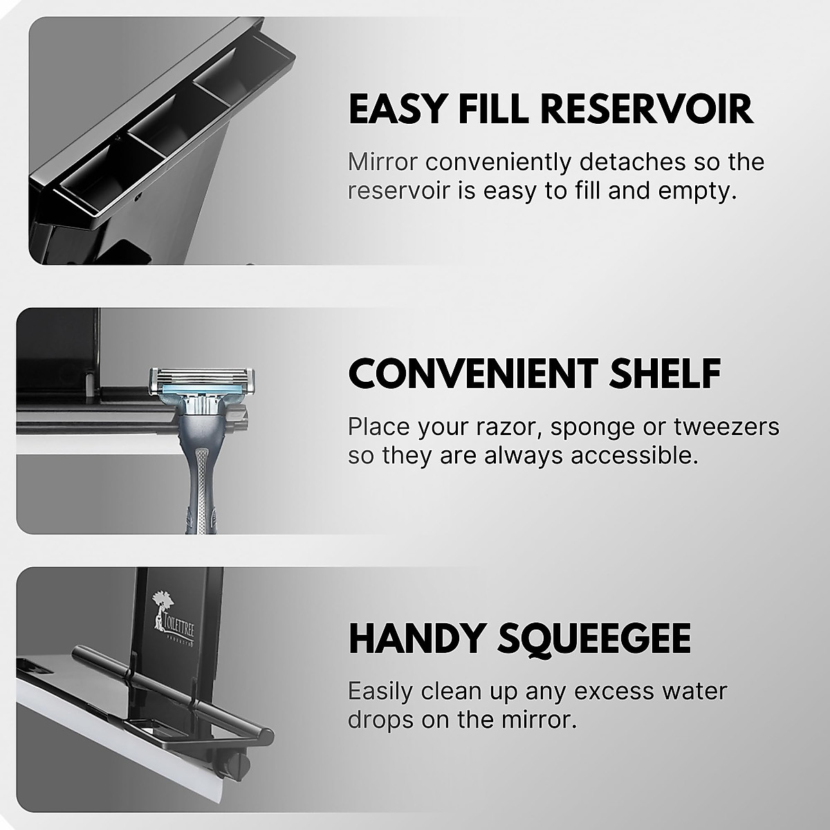 ToiletTree Products Deluxe Larger Fogless Shower Shaving Mirror with Squeegee, Large, Black