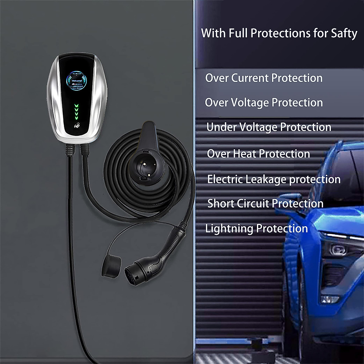 7KW 32Amps Level 2 EV Charger Station with 30TF Cable NEMA 14-50, 220-240V Input J1772 Plug Swipe Card Charging for Most Evs