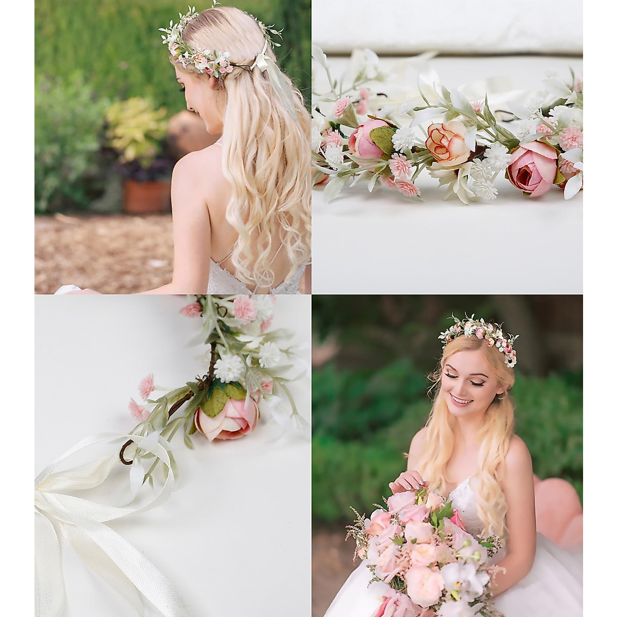 WOVOWOVO Rose Flower Crown for Women Baby Girls, Adjustable Flower Girl Headpiece with Ribbon Fairy Crown Pink Bride Hair Accessories Wedding Boho Flower Headband Festival Photo Props