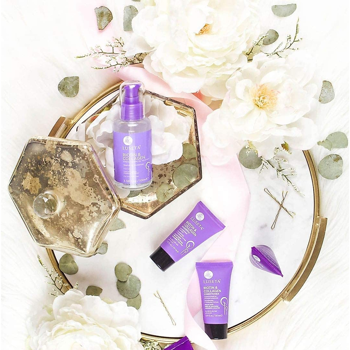 Luseta Biotin & Collagen Hair Growth Set: 16.9oz Shampoo, 16.9oz Conditioner, 3.38oz Serum, and 16.9oz Mask