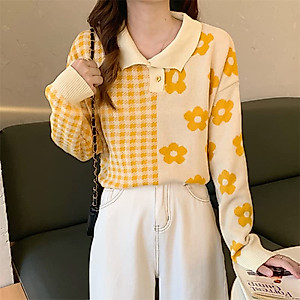YEMOCILE Womens Kawaii Color Block Sweaters Cute Plaid Collared Pullover Jumper Sweatshirts Yellow