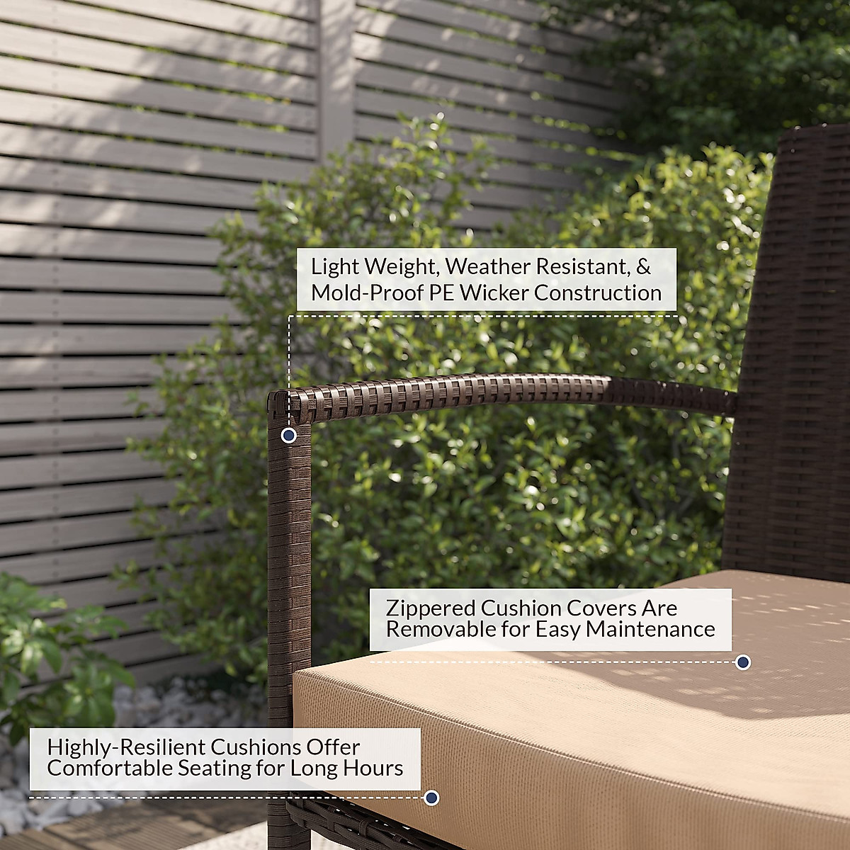 BELLEZE Rattan Patio Set 7 Piece, Slatted Wicker Dining Table and Chairs, Outdoor Furniture with Umbrella Cutout, Removable Cushions for Porch - Mariel (Brown)