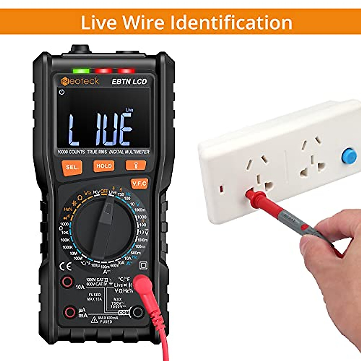 Neoteck True RMS 9999 Counts Digital Multimeter, Large Backlit EBTN LCD, Manual & Auto Dual Ranging Integrated Design - Black