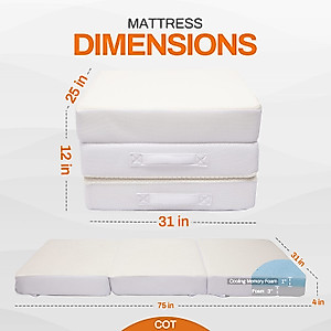 Cheer Collection Tri-Fold Memory Foam Mattress - 4" Thick Gel Infused Foam Folding Bed for Guests, Cot Size - 31" x 75"