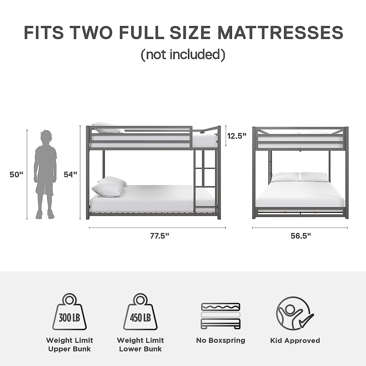 DHP Miles Low Metal Bunk Bed Frame for Kids, With Built-in Ladder, High Guardrail and Metal Slats, Floor Bed Bottom Bunk, No Boxspring Required, For Small Spaces, Full-Over-Full, Silver