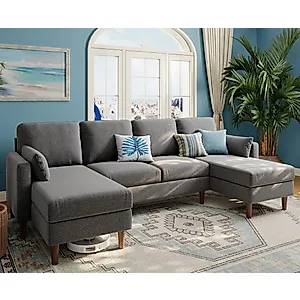 LINSY HOME Convertible Sectional Couch, Bouclé U-Shaped Sofa with Double Chaises and 2 Pillows, 4-Seat Modern Deep Oversized Couch for Living Room, Dark Grey