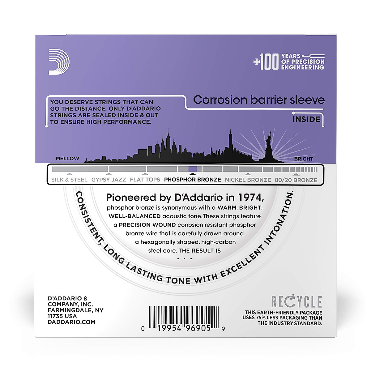D'Addario Guitar Strings - Phosphor Bronze Acoustic Guitar Strings - EJ26-10P - Rich, Full Tonal Spectrum - For 6 String Guitars - 11-52 Custom Light, 10-Pack