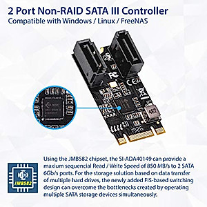 I/O CREST M.2 22x42 to SATA III 2 Ports Adapter Card (Jmicro Chipset), Add Two SATA 3.0 Devices to Any M.2 2242 Slot
