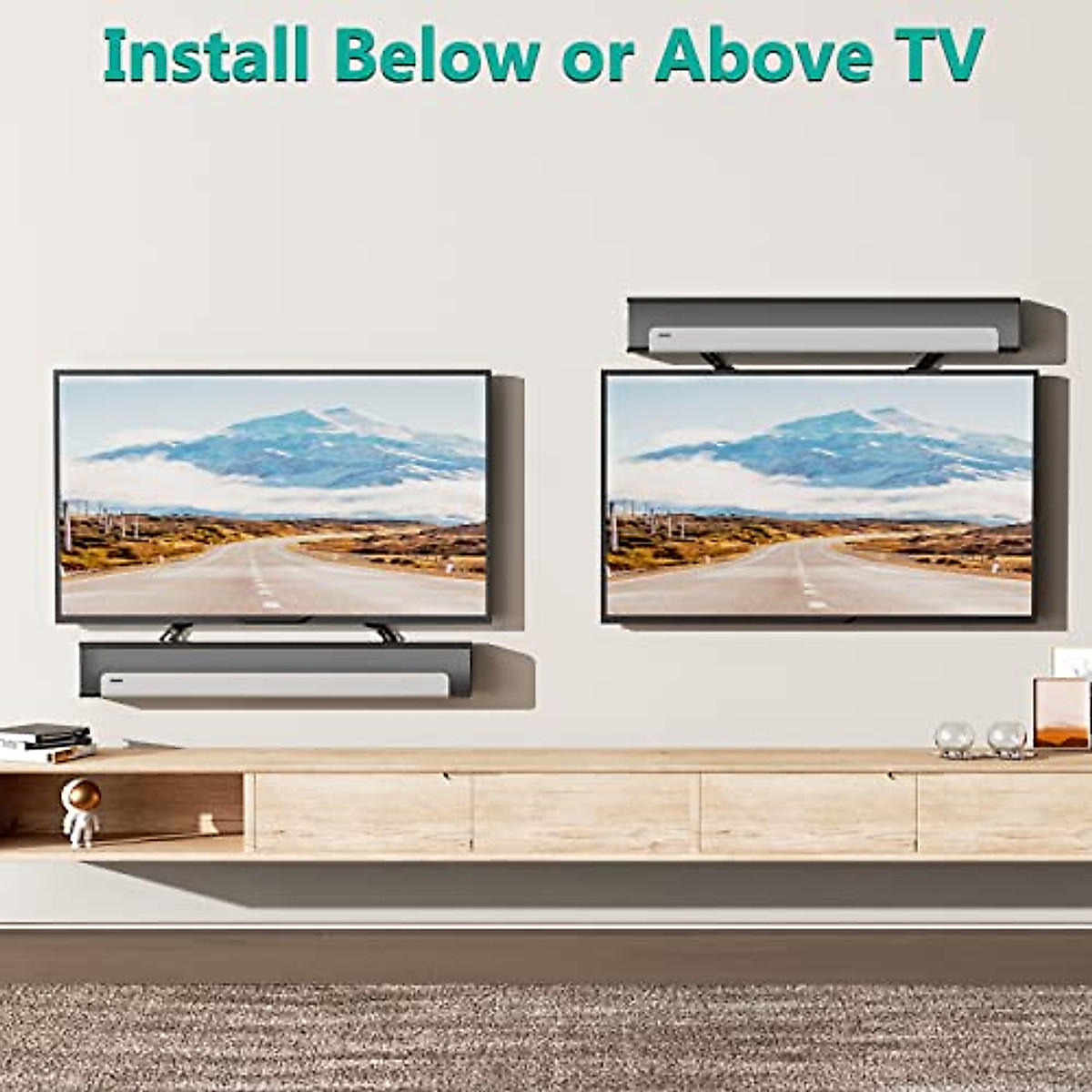 WALI Sound Bar Mount Bracket, for Mounting Above or Under TV, with Adjustable 3 Angled Extension Arm, Fits Most 23 to 65 Inch TVs, up to 33 lbs (SBR202)