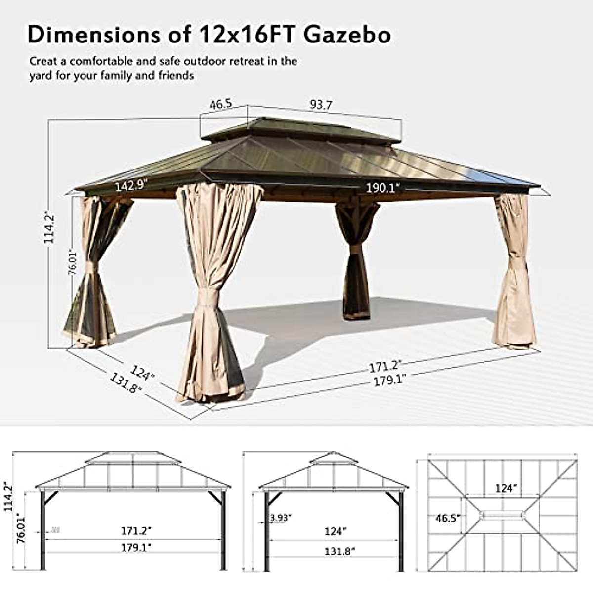 Domi Outdoor Living 12’ x 16’ Hardtop Gazebo, Outdoor Aluminum Frame Canopy with Polycarbonate Double Roof, Outdoor Permanent Metal Pavilion with Curtains and Netting for Patio, Backyard and Lawn