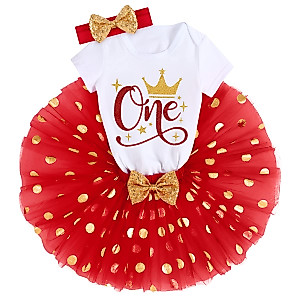 Coming Home outfit for Baby Girl - Mini Mouse Birthday Decorations for Girls 1 Year Old - Wild One Clothes Set for Kids Princess Crown Romper Dress Bowknot Headband 3pcs Outfits Red - one 1T