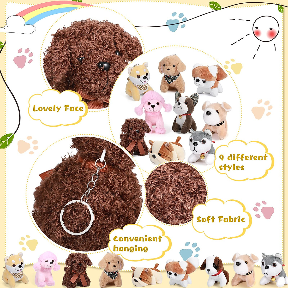 Aoriher 9 Pieces Mini Plush Dog Stuffed Animals Cute Soft Puppy Toy Bulk Christmas Party Favor for Birthday Gift Goodie Bag Stocking Filler(Vivid Style)