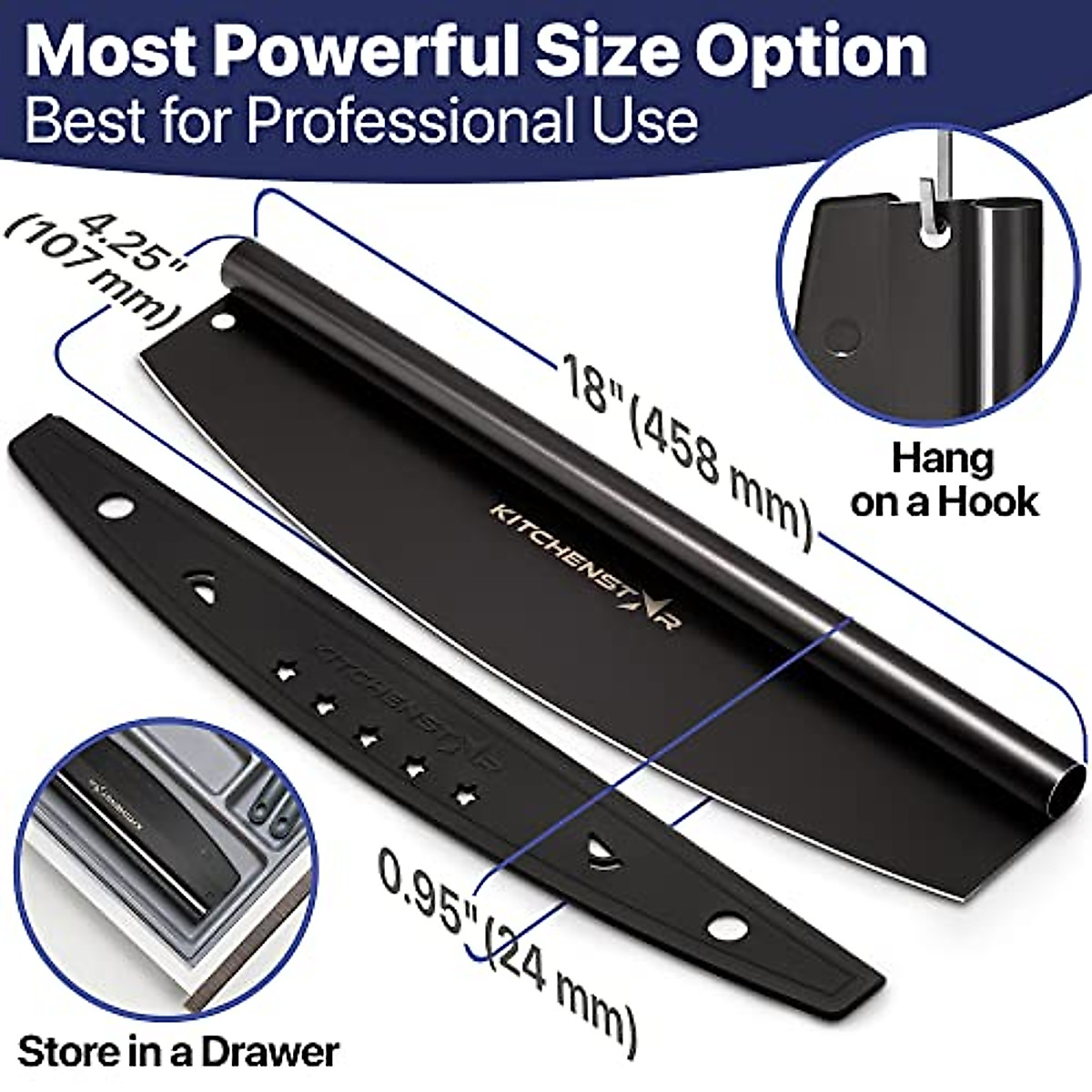 18" Black Non-Stick Pizza Cutter by KitchenStar | Sharp Stainless Steel Slicer Knife - Rocker Style w Blade Cover | Chop and Slices Perfect Portions + Dishwasher Safe – Premium Pizza Oven Accessories