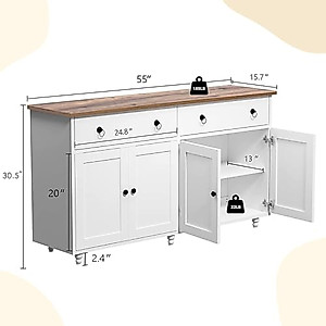 4 EVER WINNER Sideboard Buffet Cabinet with Storage, 55" Kitchen Buffet Storage Cabinet with 2 Drawers and 4 Doors, Retro Coffee Bar Cabinet Wood Buffet Table Dining Room Cabinet, White