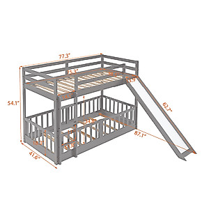 Harper & Bright Designs Twin Bunk Beds with Slide, Kids Wood Twin Over Twin Bunk Beds with Fence, Ladders, Safety Guard Rails for Kids, Toddlers, Teen, No Box Spring Needed (Grey)
