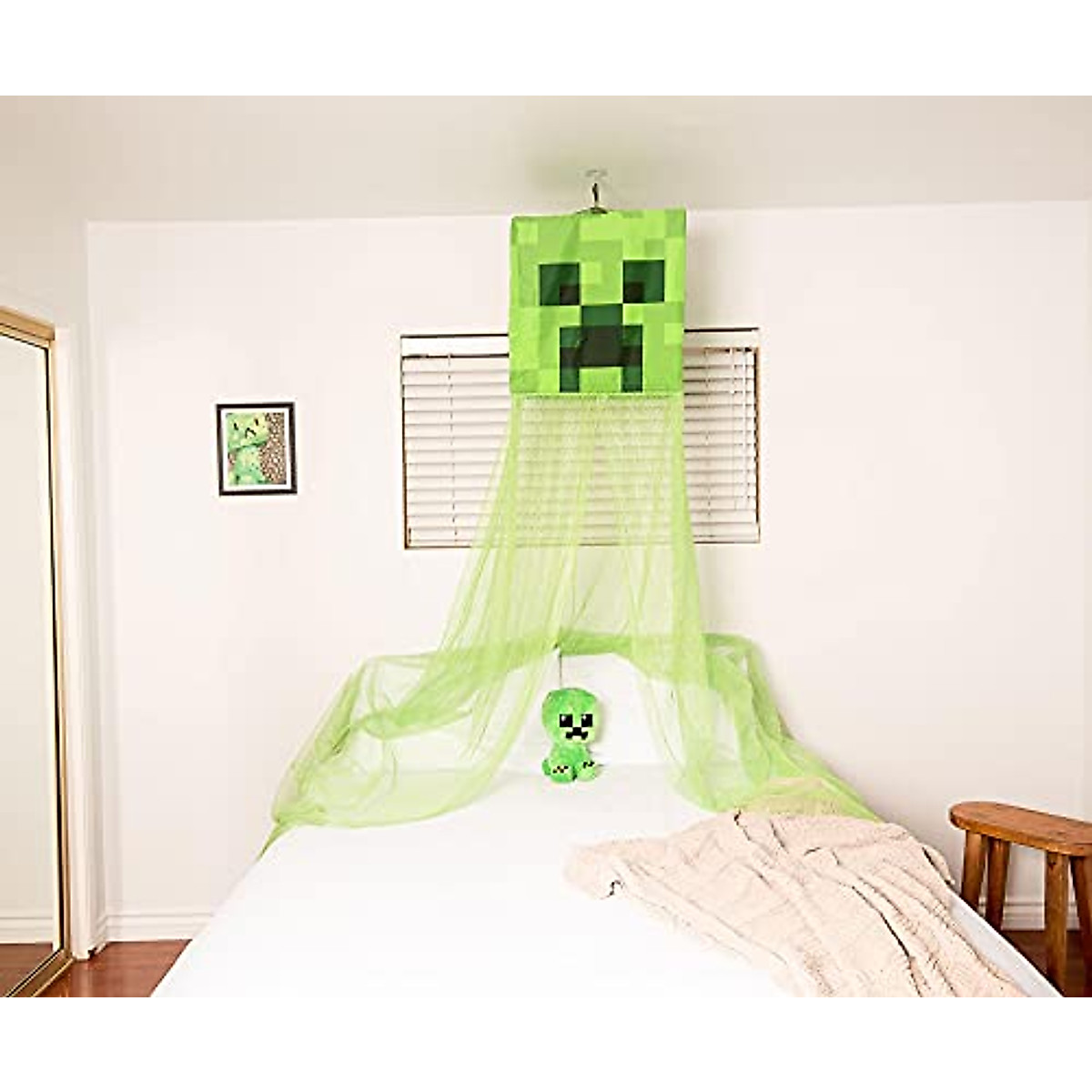Minecraft Green Creeper Kids Bed Canopy, Hanging Curtain Netting