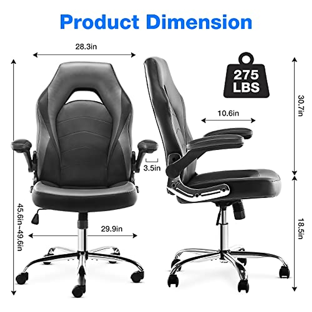JHK Gaming Ergonomic Office Flip-up Armrest and Height Adjustable Desk Splicing PU Leather Computer Chair with Lumbar Support, 25.98D x 28.35W x 42.13H in, Black+Grey