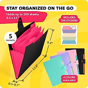 Accordion File Organizer - Expanding File Folder - File Folder Organizer - (5 Pockets, Plastic, for 8.5 x 11) - Expandable File Folder - Accordion Folder (Black)