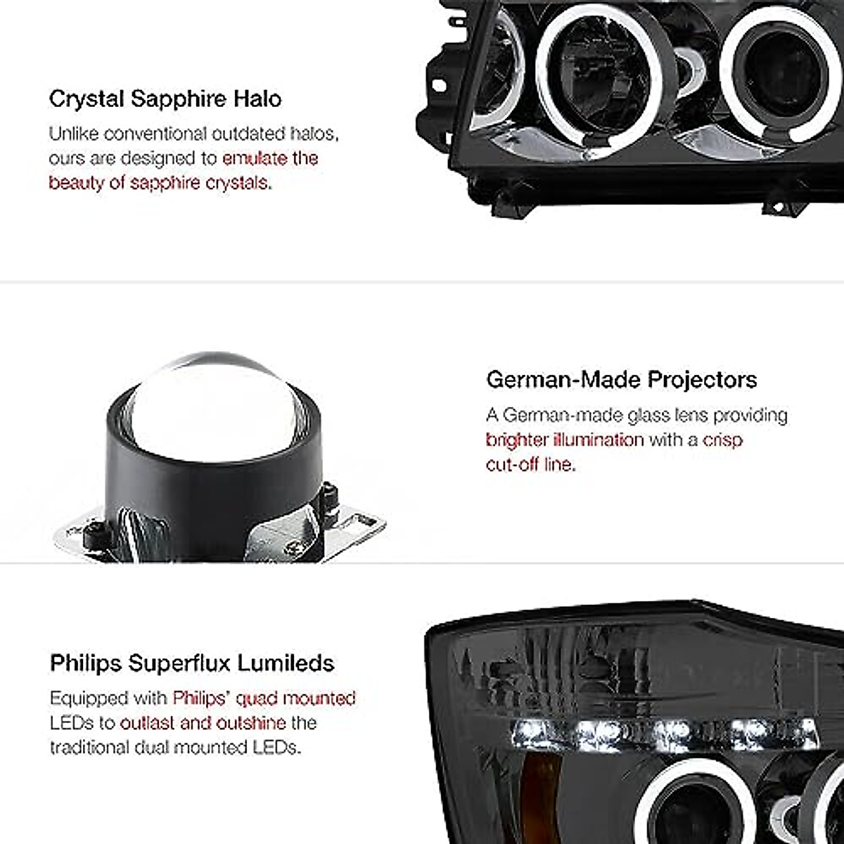 HH Building 2pcs Headlight Front Left Right Side LED Smoke Halo Projector Lamp Extended ////Pro4X 260607S026 444-NTI04-HL-SM NI2503168