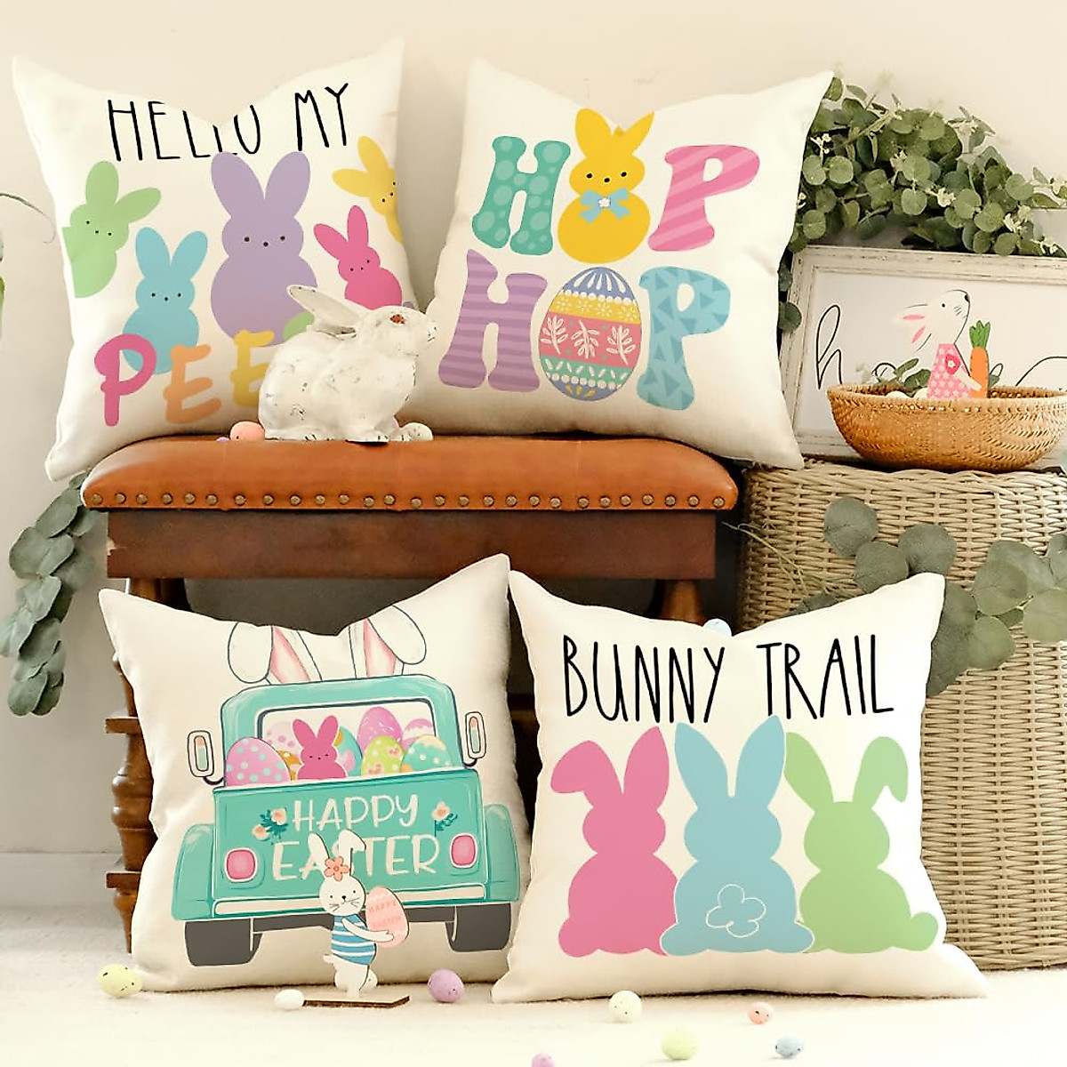 GEEORY Easter Pillow Covers 18x18 Set of 4 Easter Decorations for Home Bunny Truck Hello Peeps Hip Hop Pillows Easter Decorative Throw Pillows Spring Easter Farmhouse Decor